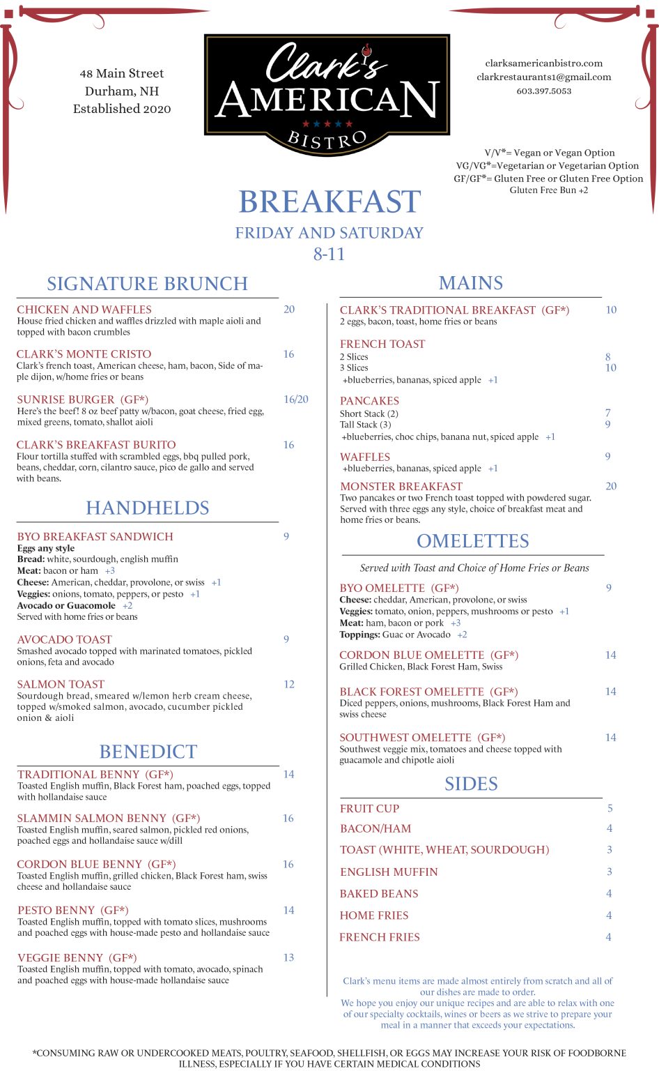 Menus – Clarks American Bistro