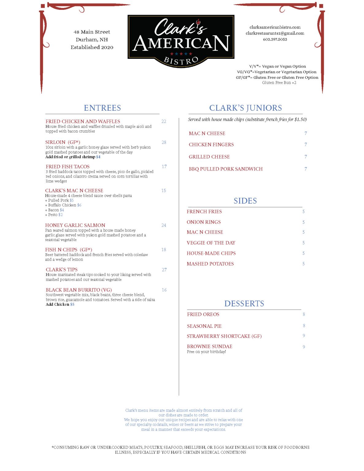Menus – Clarks American Bistro