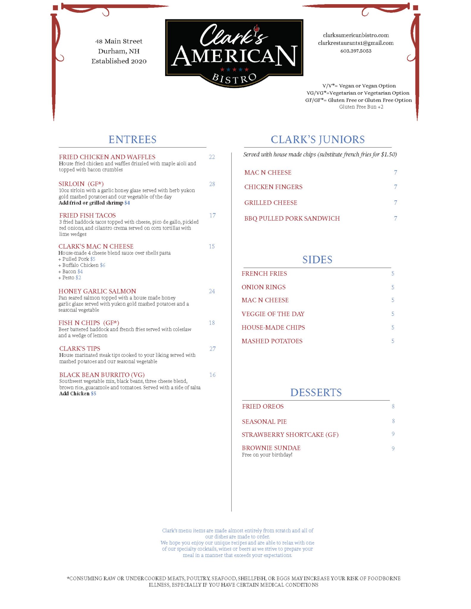 Menus – Clarks American Bistro