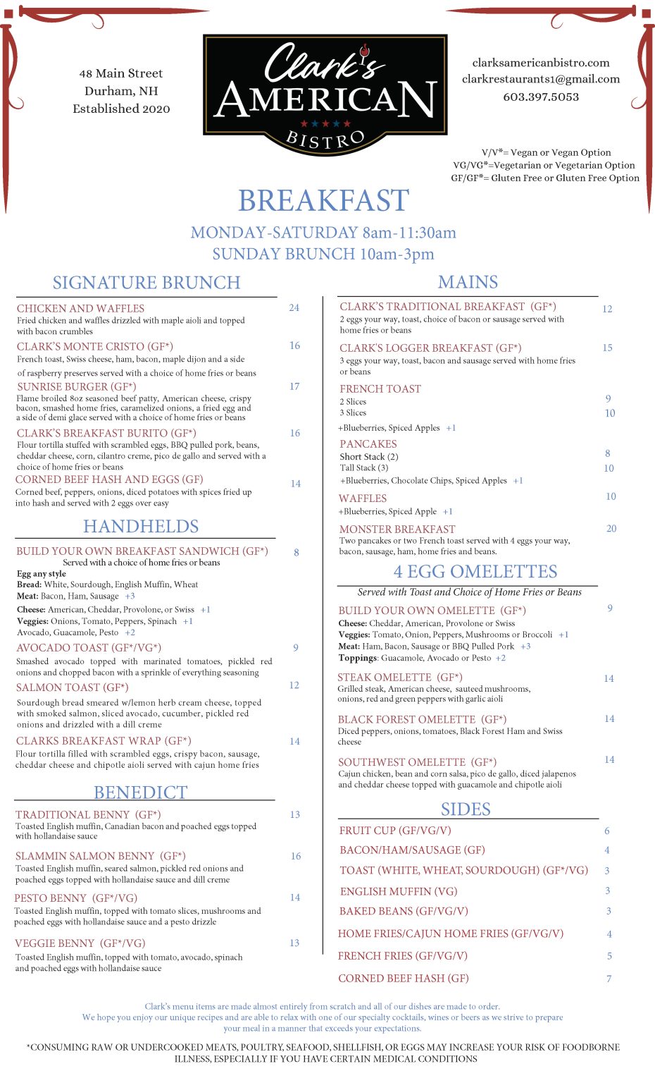 Menus – Clarks American Bistro