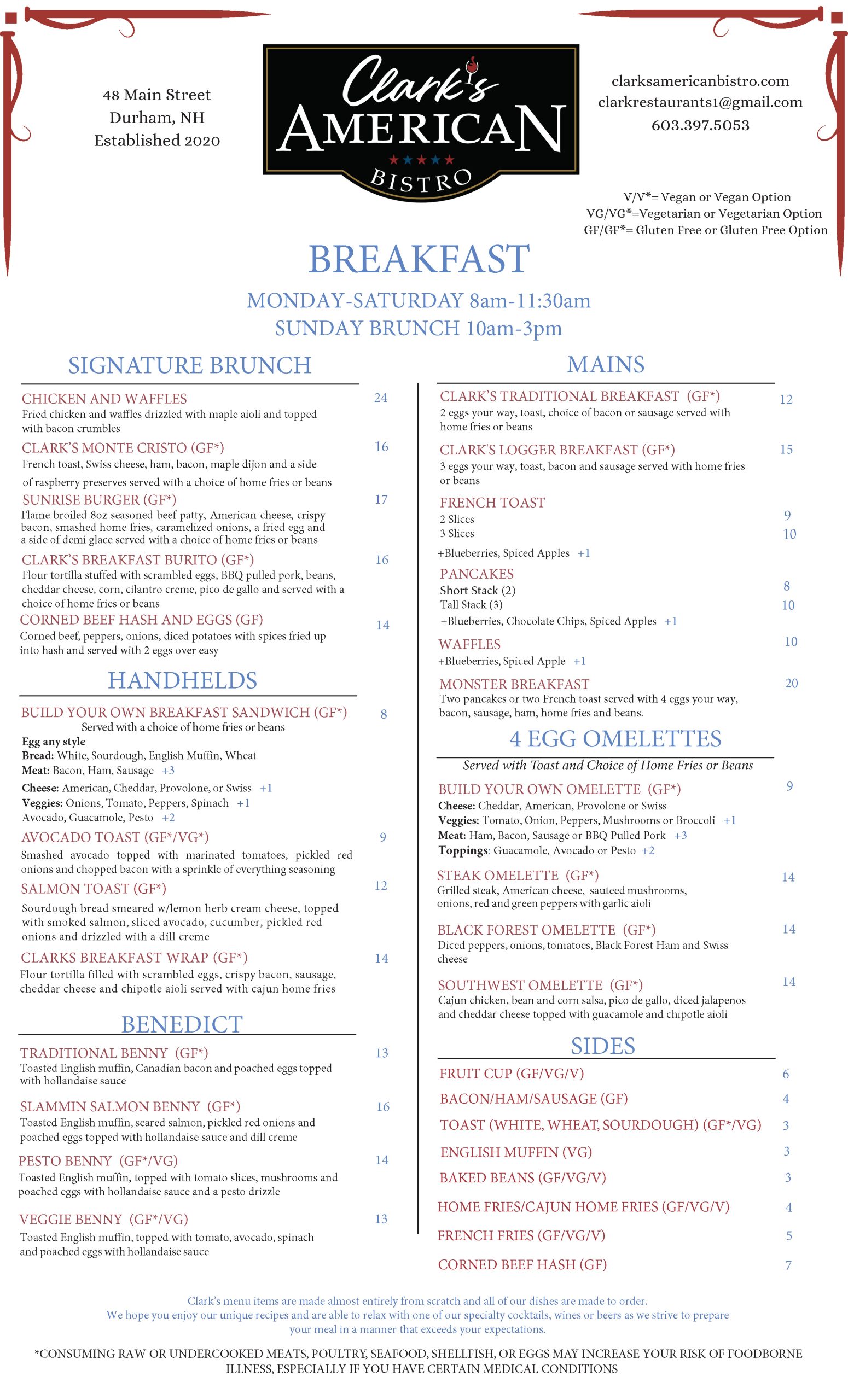 Menus – Clarks American Bistro