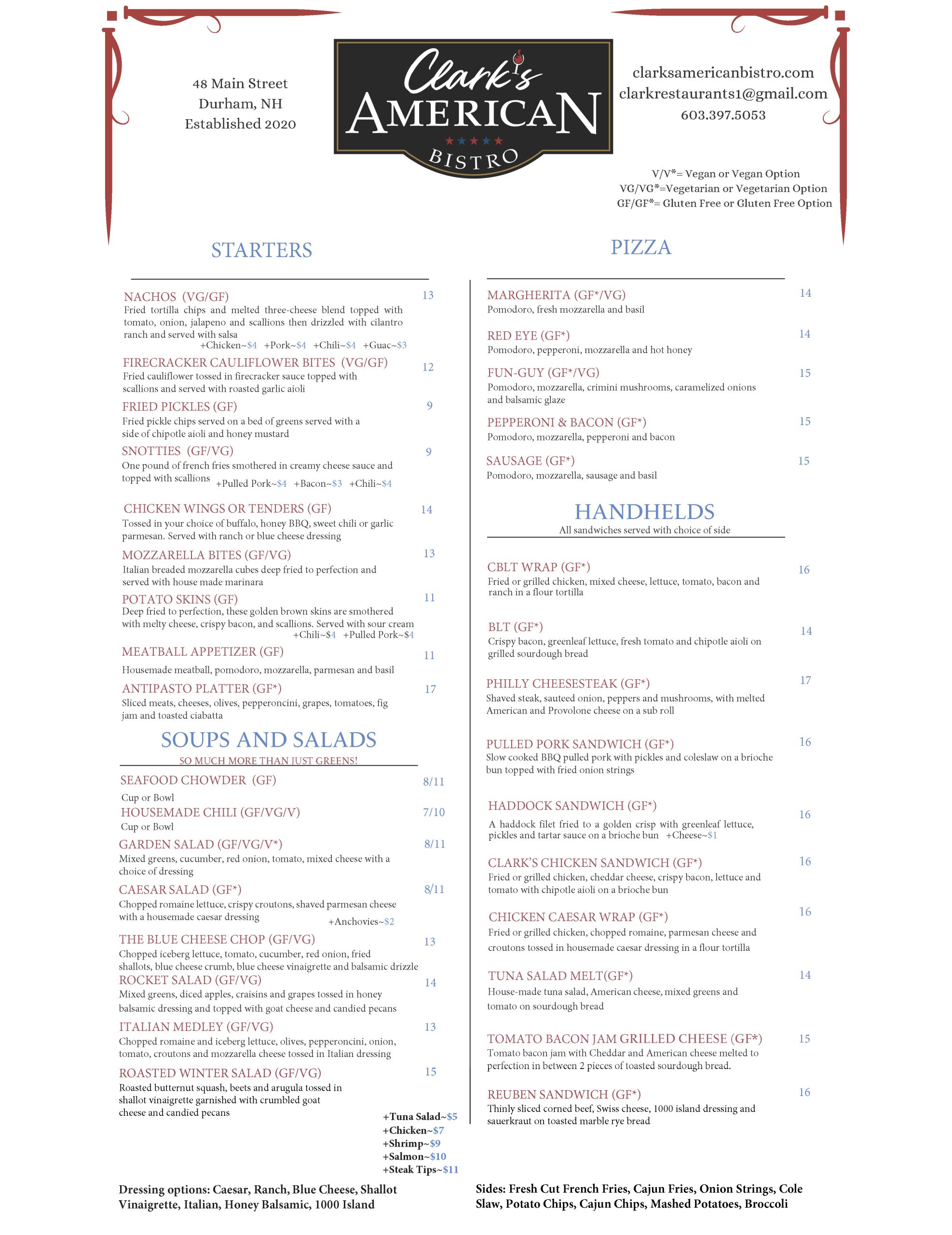 Menus – Clarks American Bistro