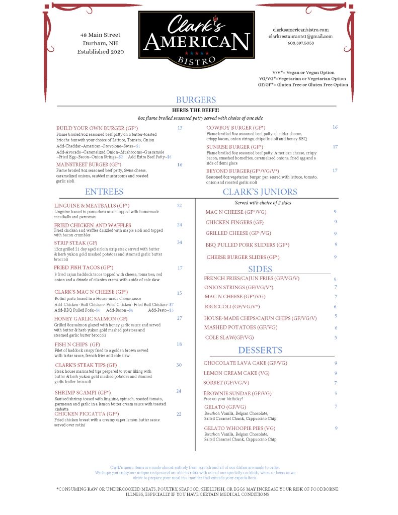Menus – Clarks American Bistro