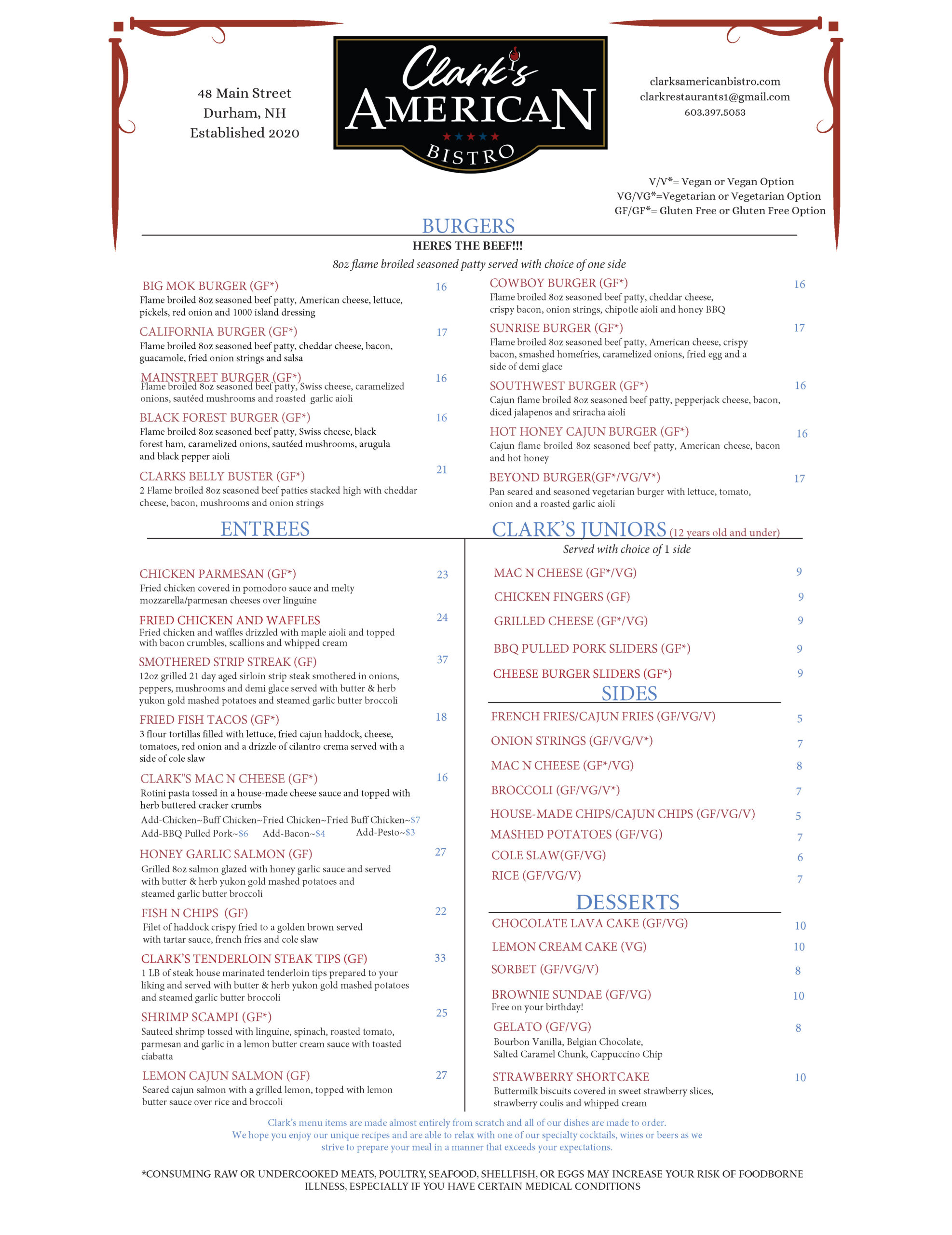Menus – Clarks American Bistro